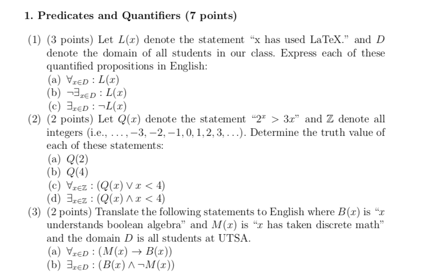 Solved 1. Predicates and Quantifiers (7 points) (1) (3 | Chegg.com