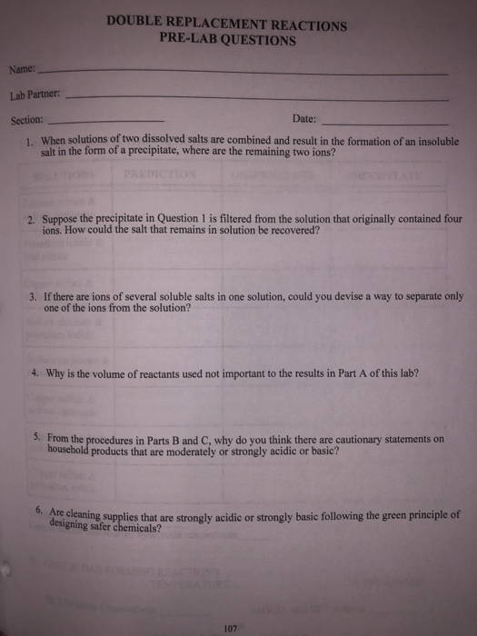 Solved DOUBLE REPLACEMENT REACTIONS PRE-LAB QUESTIONS Name: | Chegg.com