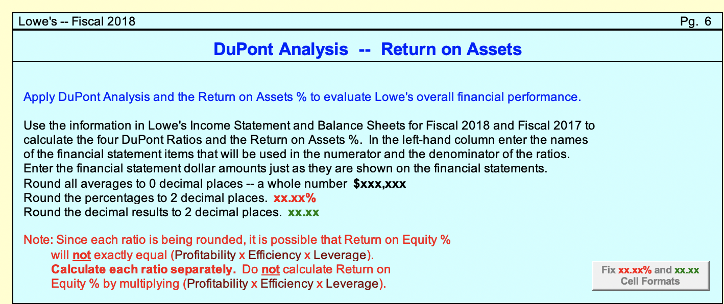 Solved Lowe's -- Fiscal 2018 Pg. 6 DuPont Analysis -- Return | Chegg.com