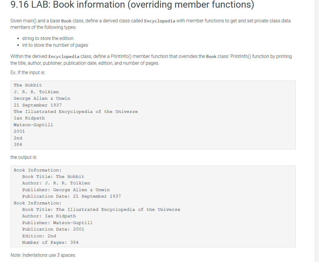 Solved 9.16 LAB: Book intormatıon (overrıding member | Chegg.com