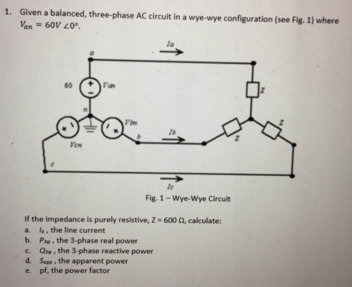 Solved 1. Given a balanced, three-phase AC circuit in a | Chegg.com