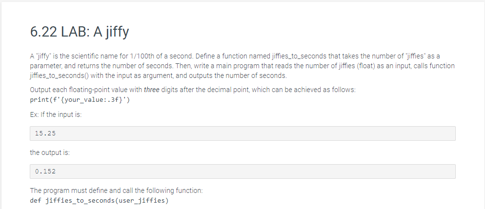 Solved 6.22 LAB: A jiffy A jiffy" is the scientific name for | Chegg.com