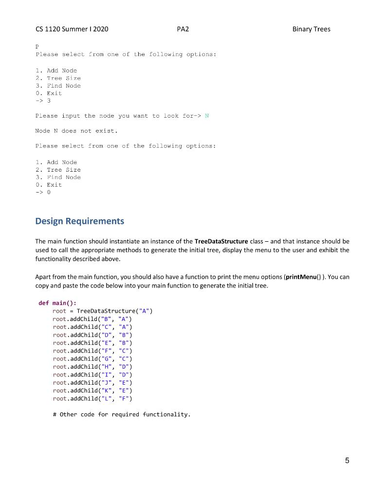 Solved CS 1120 Summer 2020 PA2 Binary Trees Programming | Chegg.com