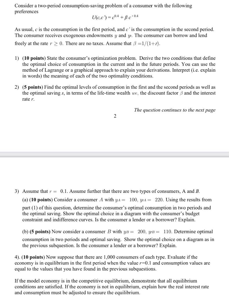 Solved Consider a two-period consumption-saving problem of a | Chegg.com