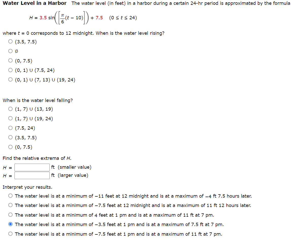 Solved Water Level in a Harbor The water level (in feet) in | Chegg.com