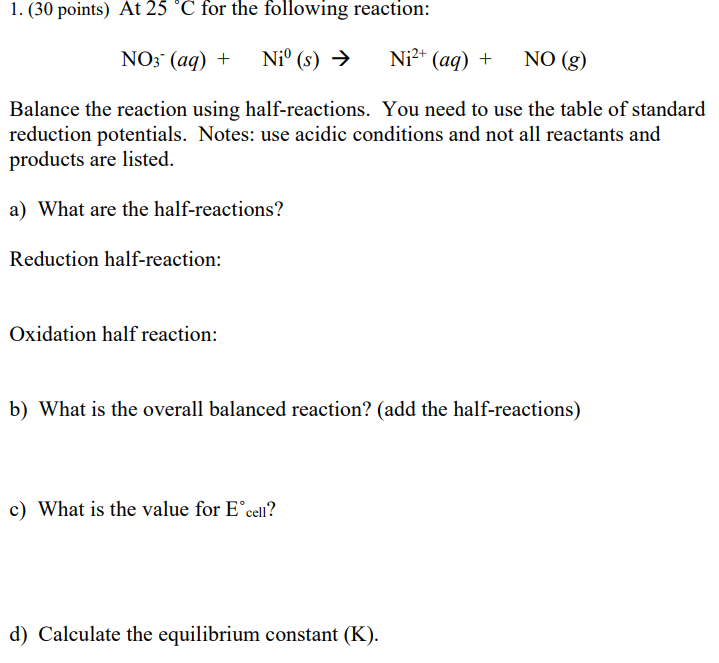 Solved (30 ﻿points) ﻿At 25°C ﻿for the following | Chegg.com
