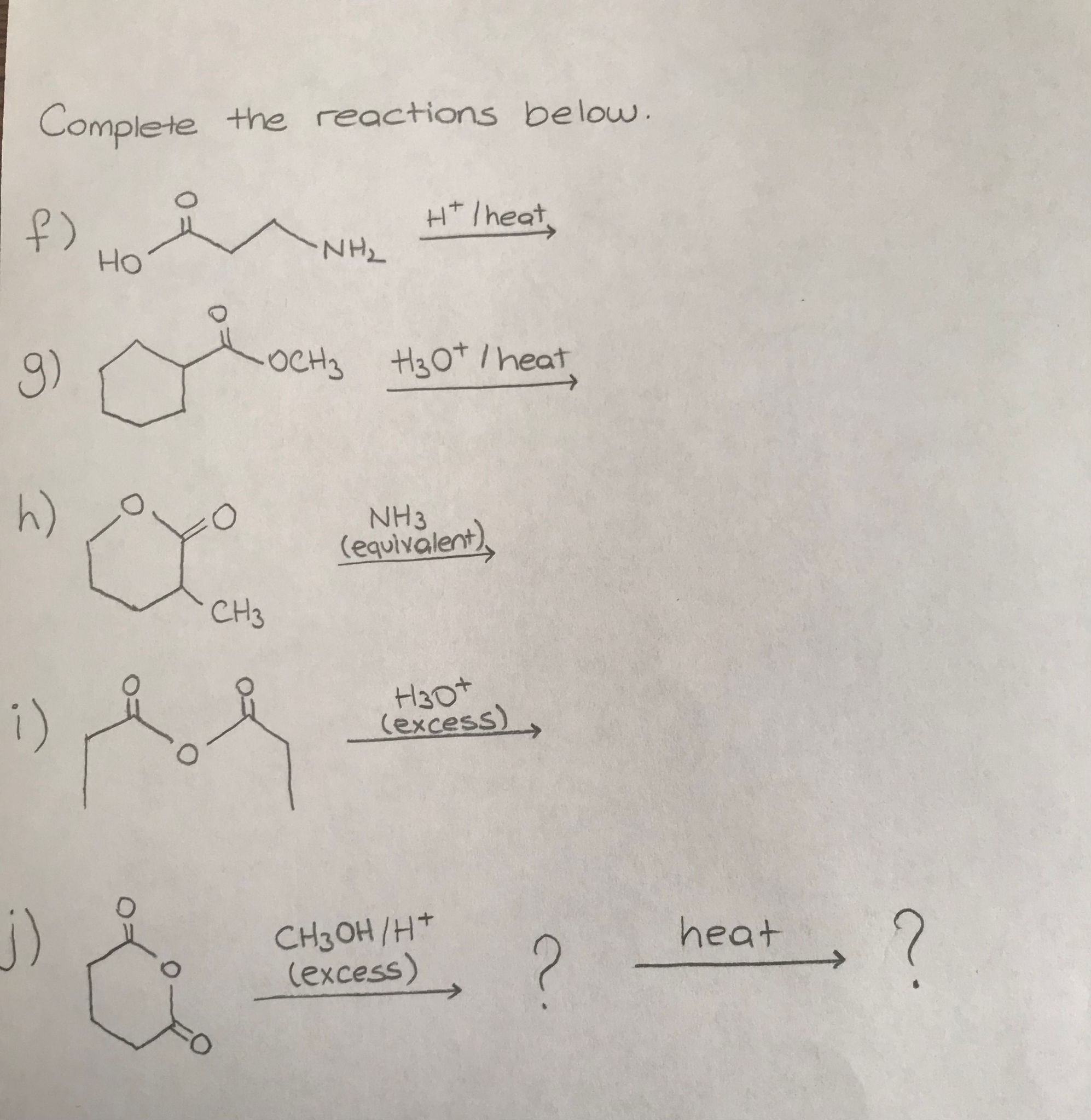 Solved Complete the reactions below. f) g) H3O+I heat | Chegg.com