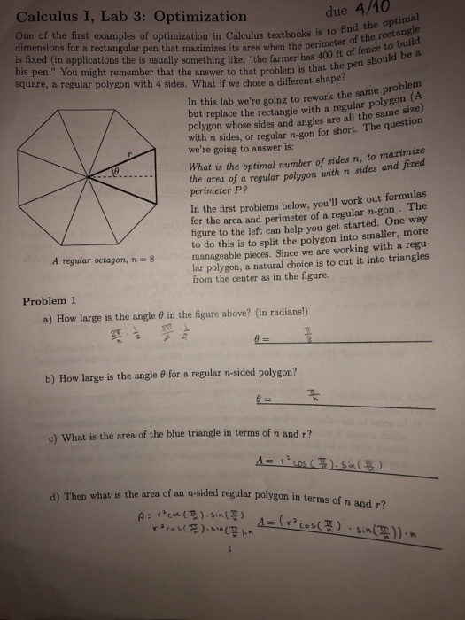 Solved Calculus I, Lab 3: Optimization due 4/10 s is to find | Chegg.com