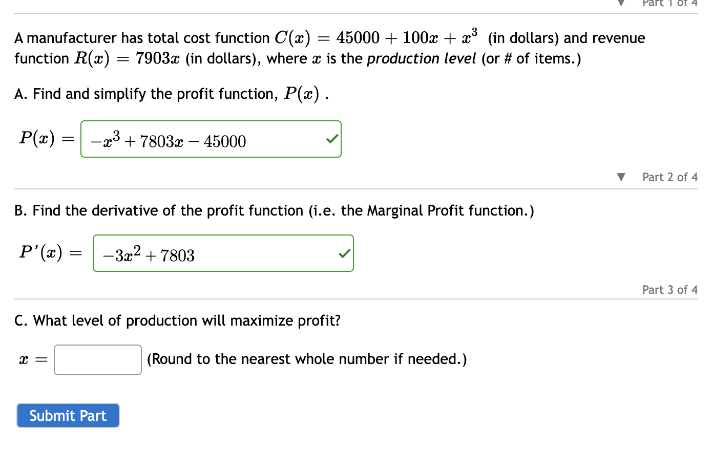 Solved A manufacturer has total cost function | Chegg.com