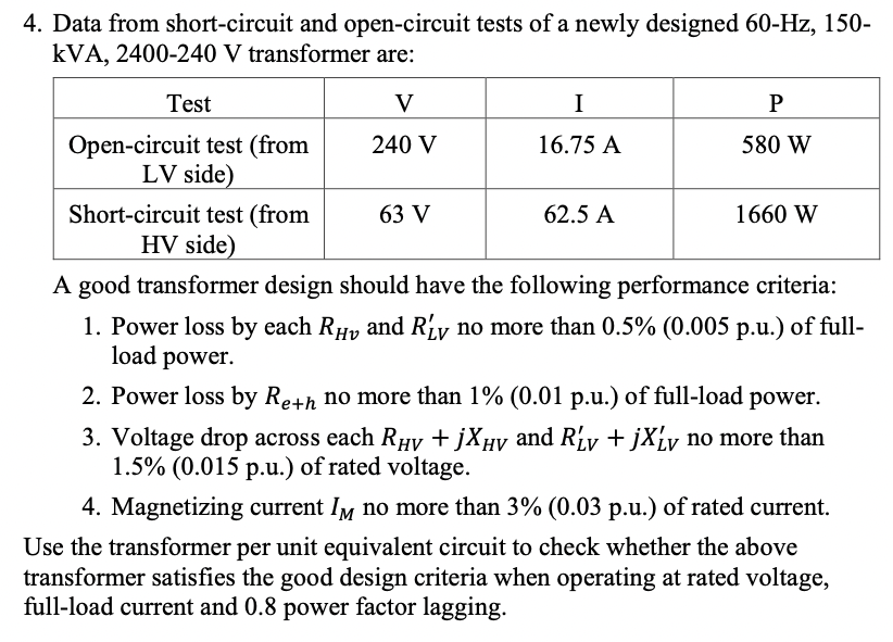 Solved 4. Data from short-circuit and open-circuit tests of | Chegg.com
