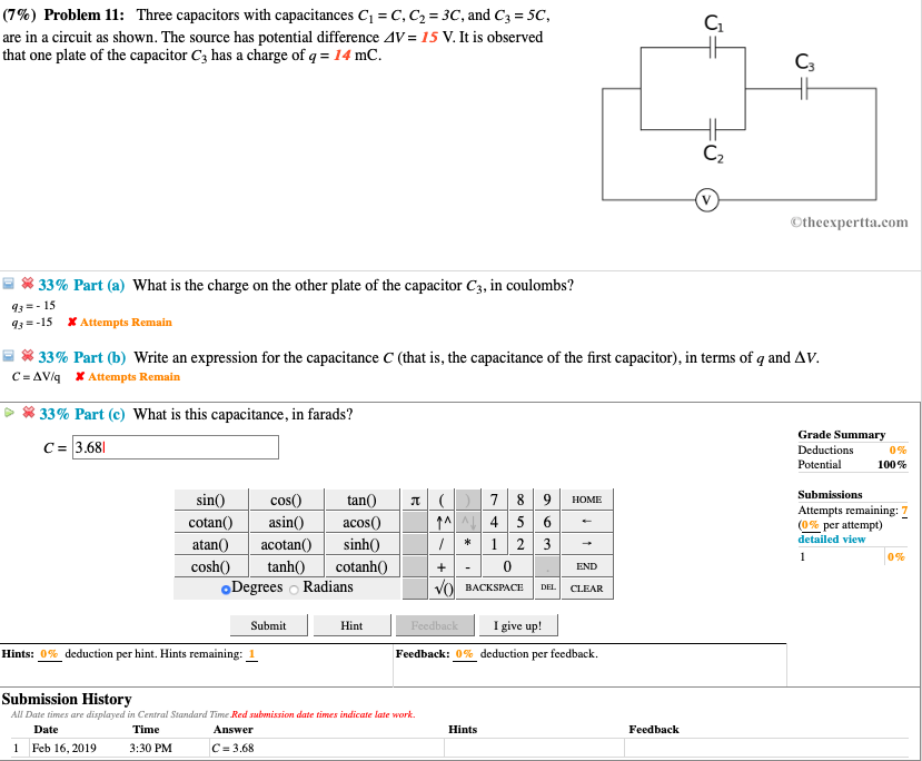 Solved (7%) Problem 11: Three capacitors with capacitances | Chegg.com