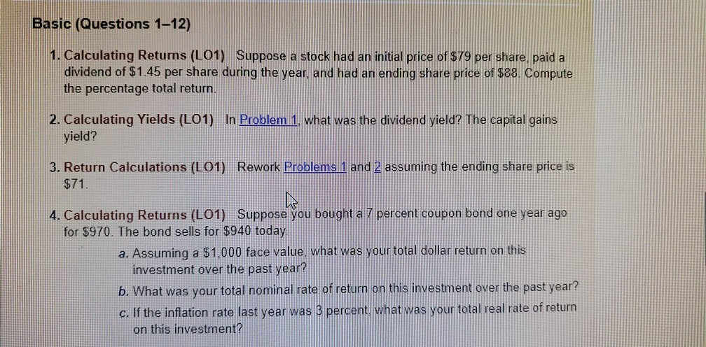 Solved Basic (Questions 1-12) 1. Calculating Returns (LO1) | Chegg.com