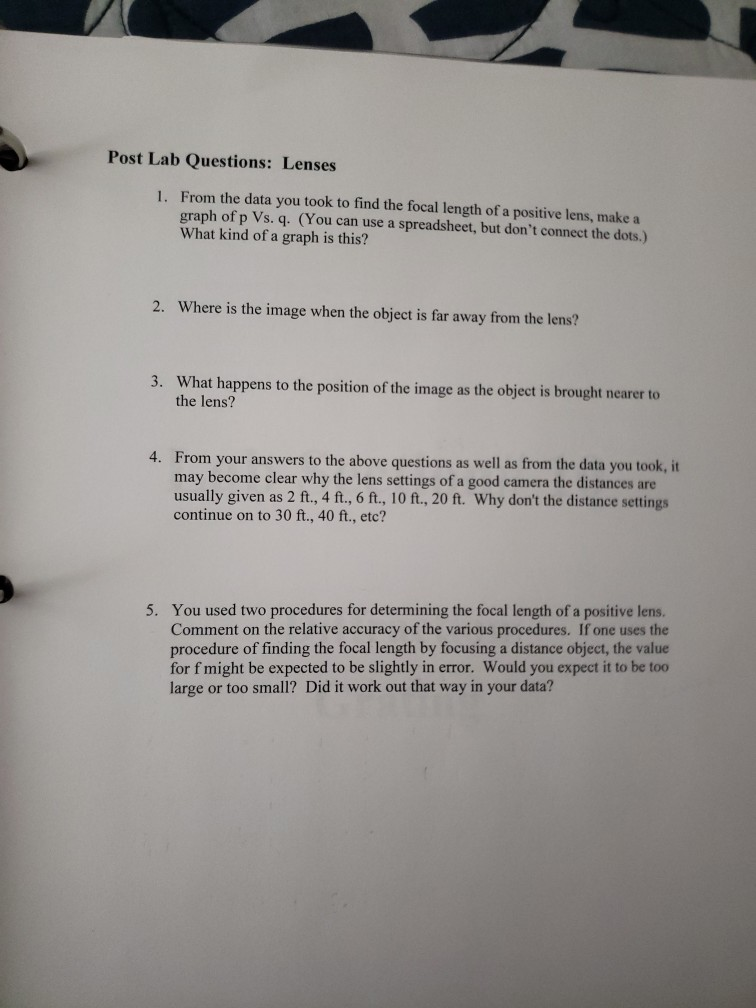 Data Sheet for Lenses 1+1=1 p q f focal length of | Chegg.com