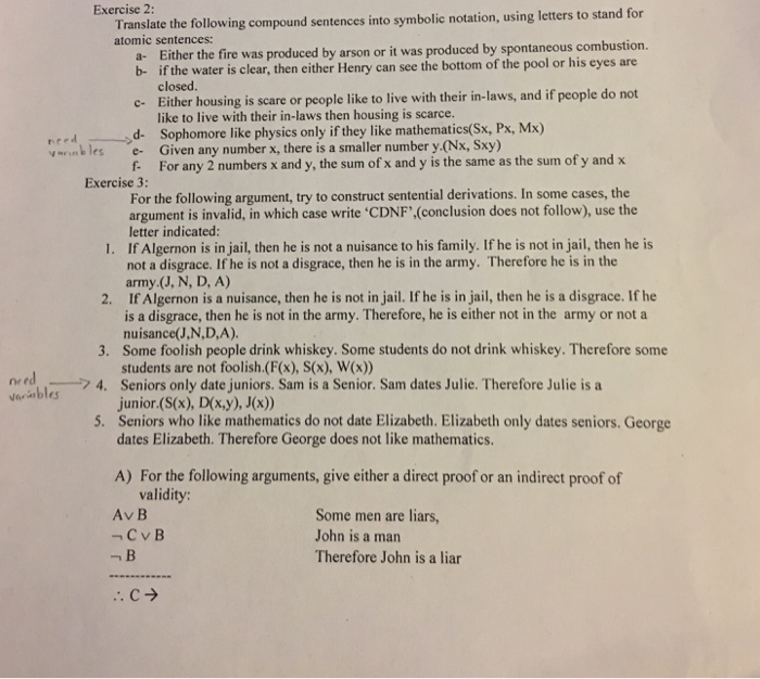 Solved Exercise 2 Translate the atomic sentences: following | Chegg.com