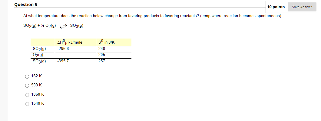 Solved SO2( g)+1/2O2( g)↔SO3( g) 162 K509 K1060 K1540 K | Chegg.com