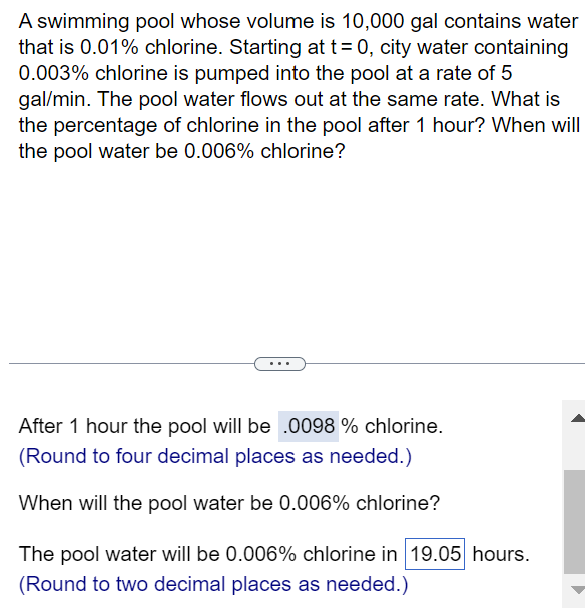 Solved A swimming pool whose volume is 10,000 gal contains | Chegg.com