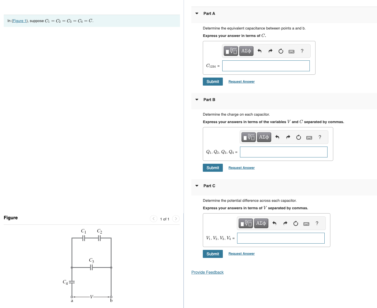 Solved C1=C2=C3=C4=C Determine the equivalent capacitance | Chegg.com