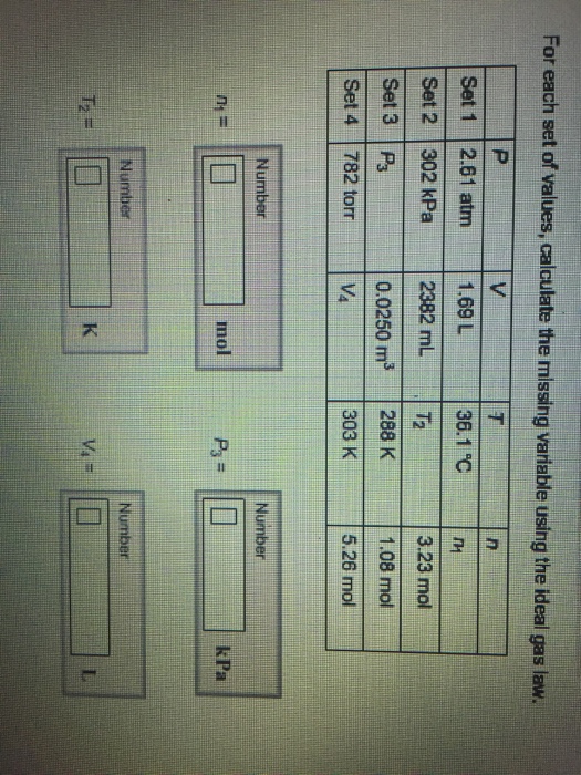 Solved For each set of values, calculate the missing | Chegg.com