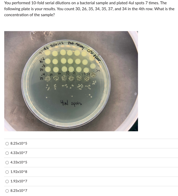 Solved You performed 10-fold serial dilutions on a bacterial | Chegg.com