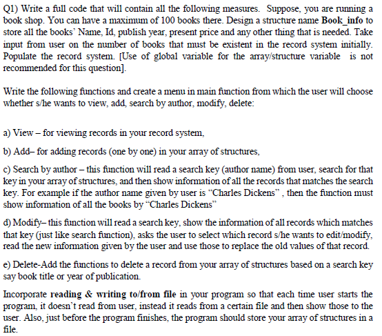 Solved Q1) Write a full code that will contain all the | Chegg.com