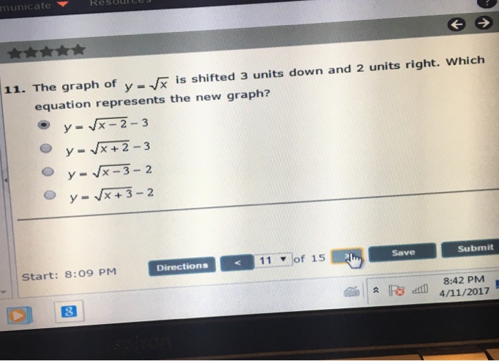 Solved The graph of y = Squareroot x is shifted 6 units down | Chegg.com