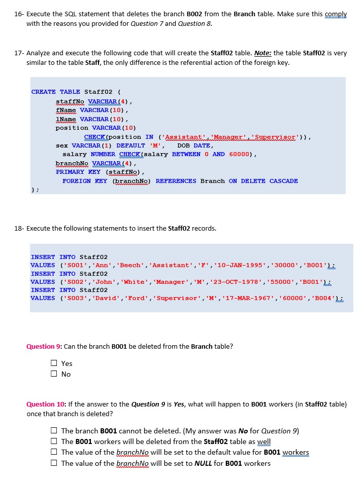9- Try to insert the second record into the Staff | Chegg.com
