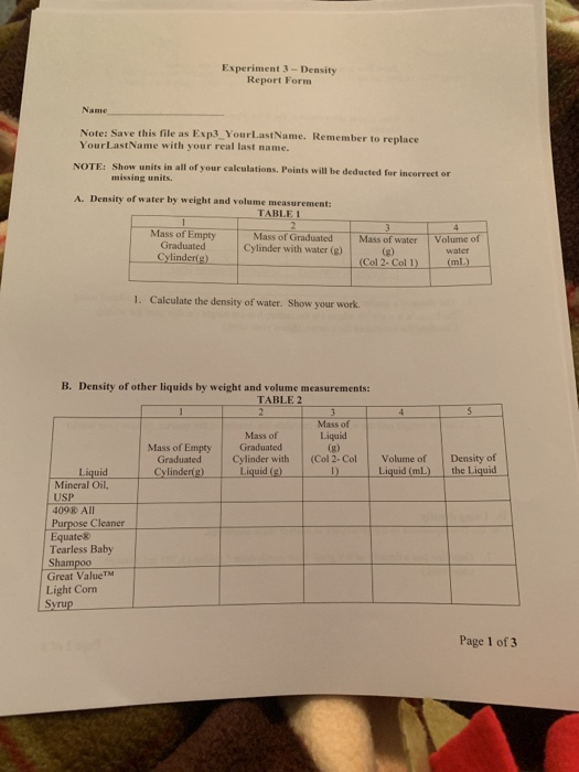 Solved Experiment 3-Density Report Form Note: Save this file | Chegg.com