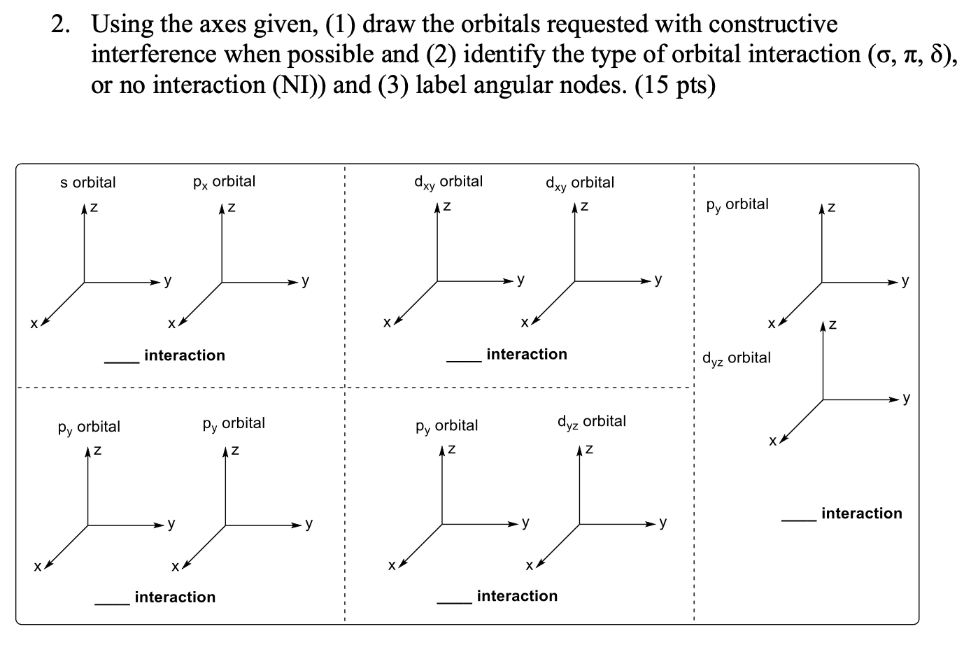 Solved 2. Using the axes given, (1) draw the orbitals | Chegg.com