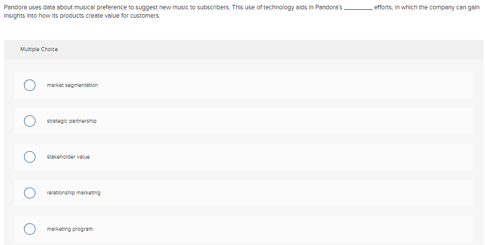 Solved Pandora uses data about musical preference to suggest | Chegg.com
