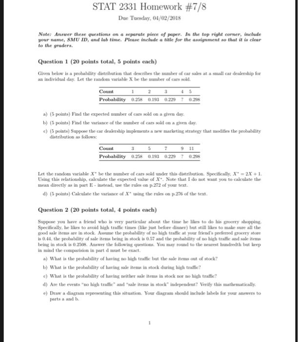 Solved STAT 2331 Homework #7/8 Due Tuesday, 04/02/2018 Note: | Chegg.com
