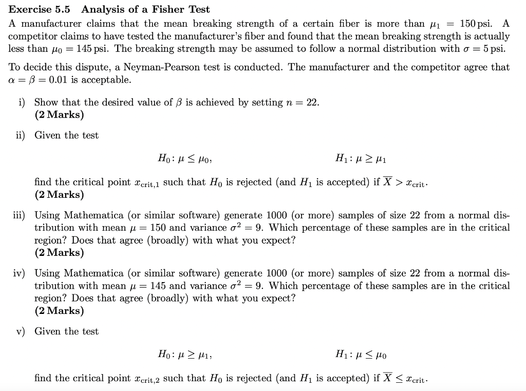 Solved Exercise 5.5 Analysis of a Fisher Test A manufacturer | Chegg.com