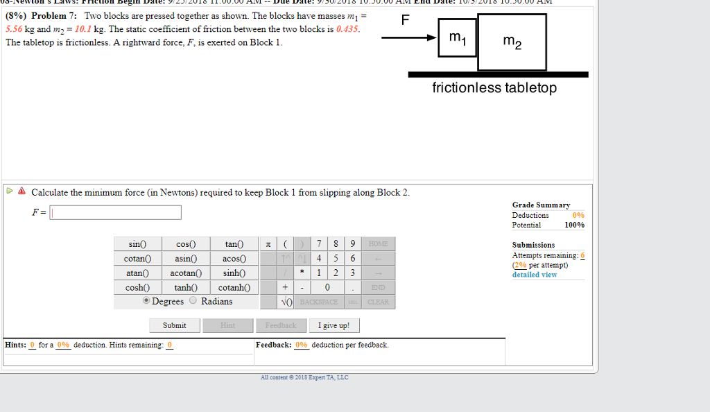 Solved (896) Problem 7: Two blocks are pressed together as | Chegg.com