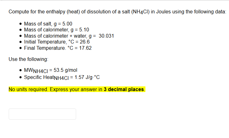 Solved Compute for the enthalpy (heat) of dissolution of a | Chegg.com