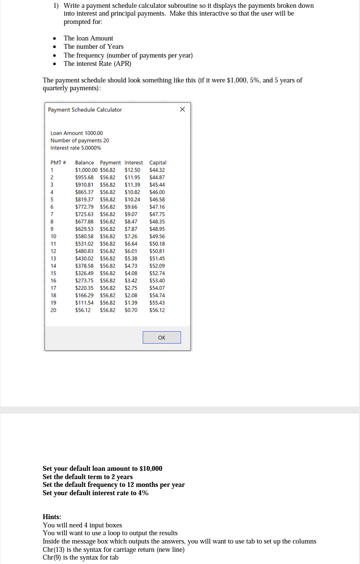 Solved 1) Write a payment schedule calculator subroutine so | Chegg.com
