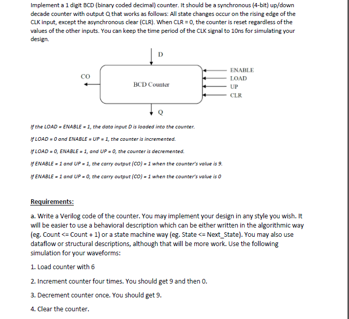 Implement a 1 digit BCD (binary coded decimal) | Chegg.com