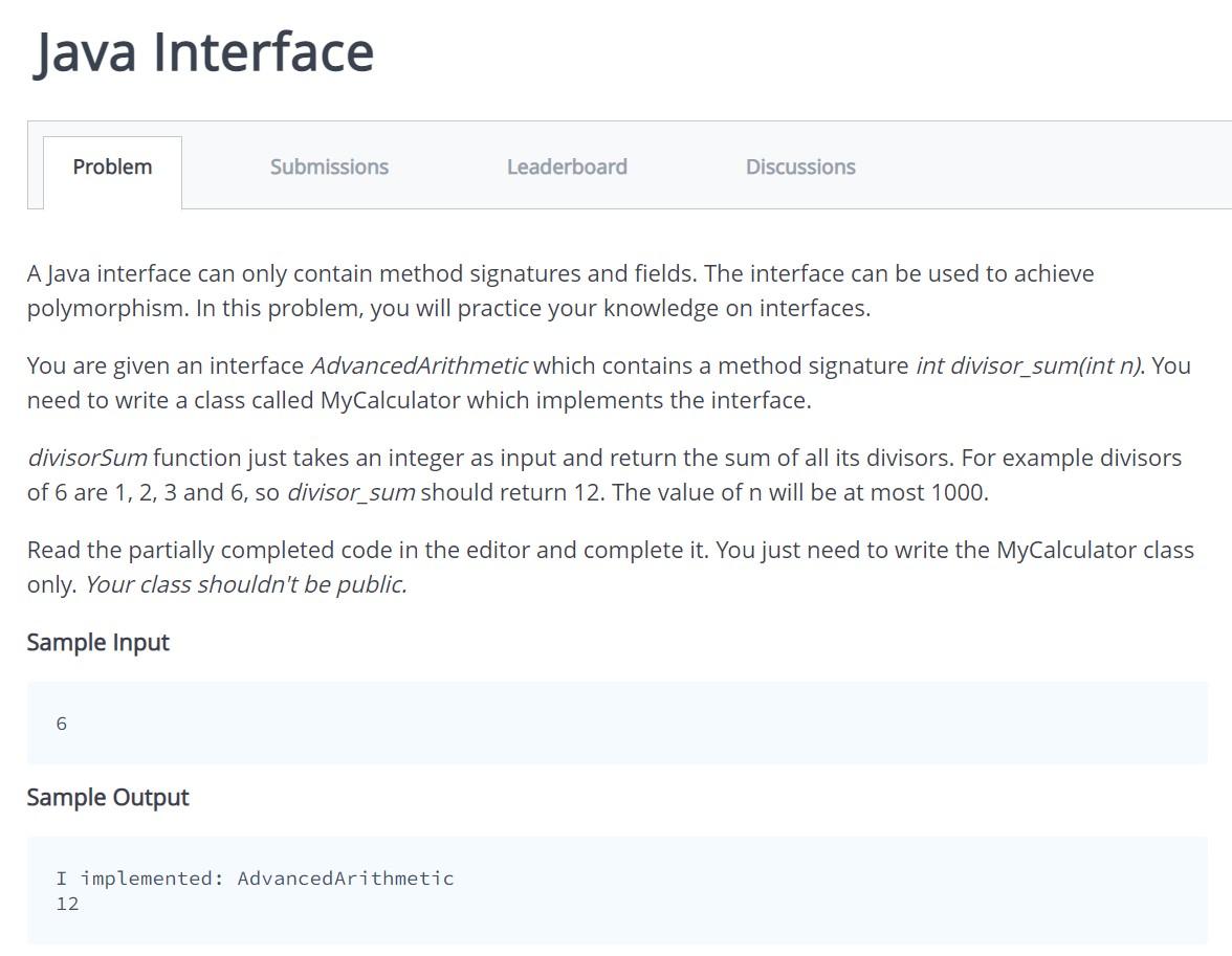 Solved Java Interface Problem Submissions Leaderboard | Chegg.com