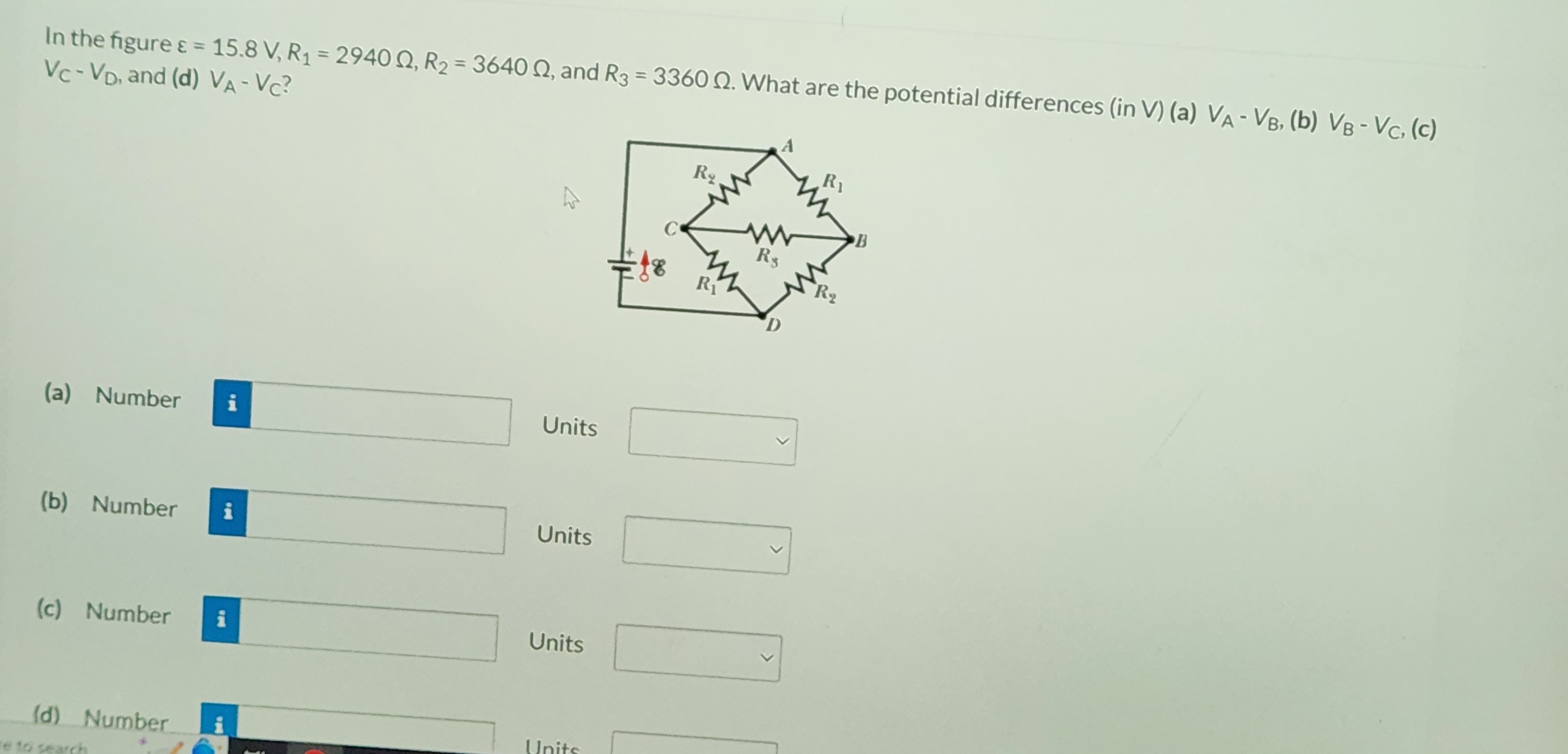 Solved In the figure ε=15.8 V,R1=2940Ω,R2=3640Ω, and | Chegg.com