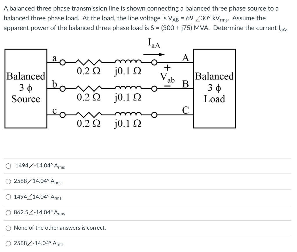 Solved A balanced three phase transmission line is shown | Chegg.com