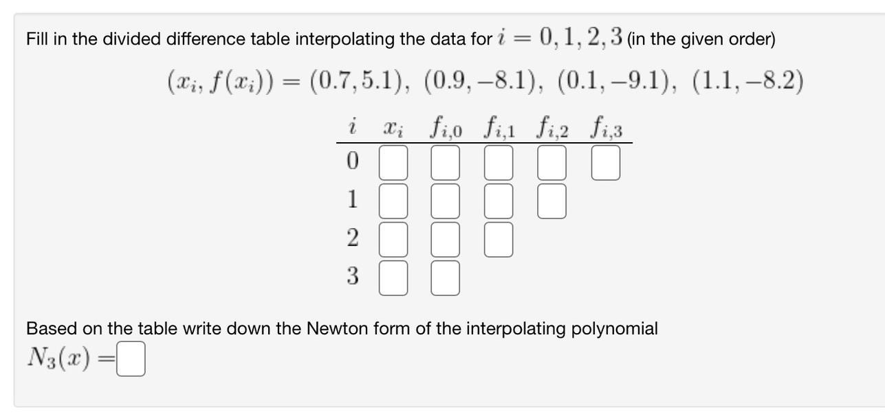 Solved = Fill in the divided difference table interpolating | Chegg.com