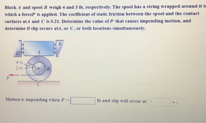 Solved Block A and spool B weigh 4 and 3 lb, respectively. | Chegg.com