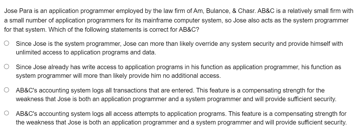 Solved Jose Para is an application programmer employed by | Chegg.com