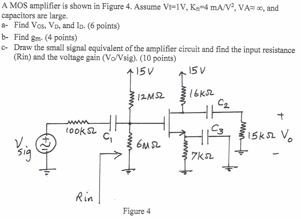 Solved A MOS amplifier is shown in Figure 4. Assume Vt=1V, | Chegg.com