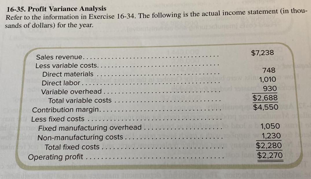 16-35. Profit Variance Analysis Refer to the | Chegg.com
