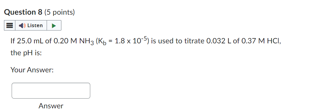 Solved 85.0 mL of a 0.10M weak acid (Ka=1.8×10−5) is | Chegg.com