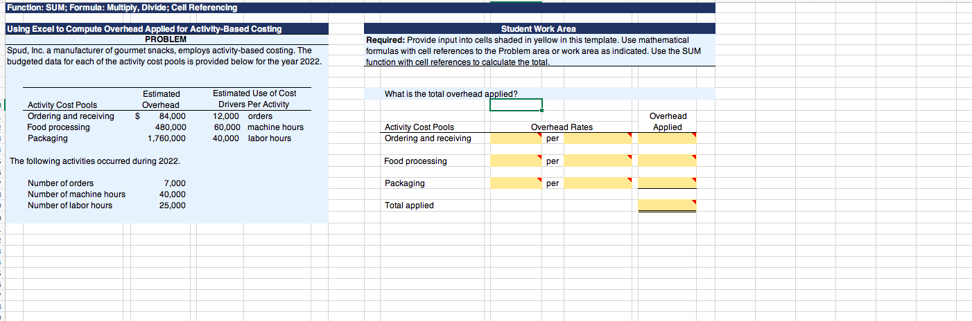 Solved Function: SUM; Formula: Multiply, Divide; Cell | Chegg.com