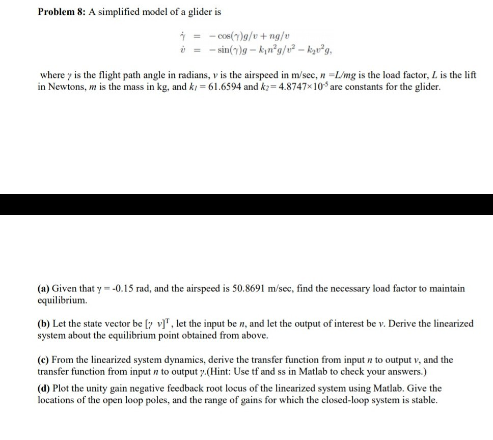 Solved Problem 8: A simplified model of a glider is where y | Chegg.com