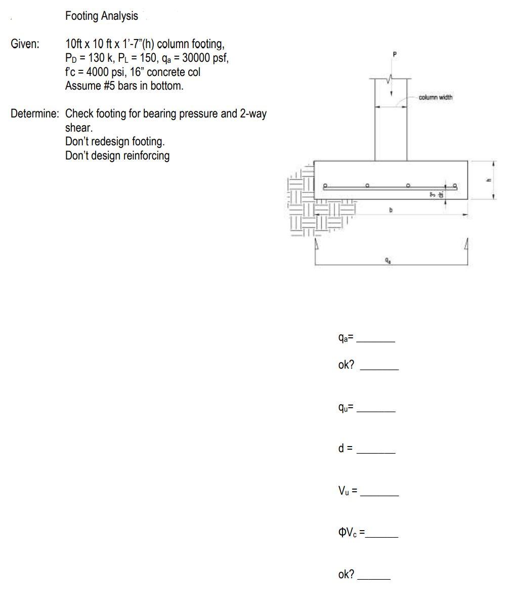 Solved Footing Analysis Given: P 10ft x 10 ft x 1'-7"(h) | Chegg.com