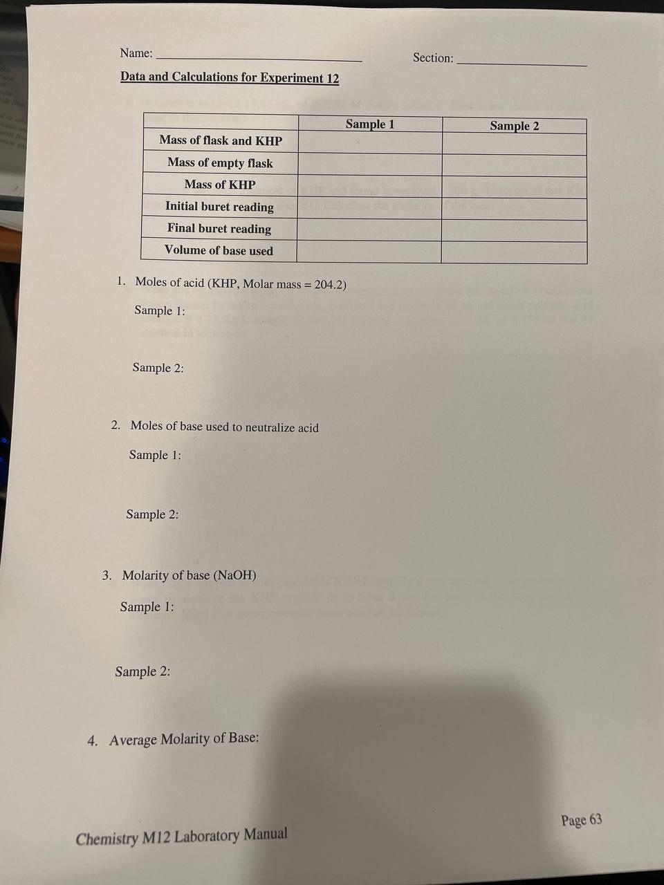 Data and Calculations for Experiment 12 1. Moles of | Chegg.com