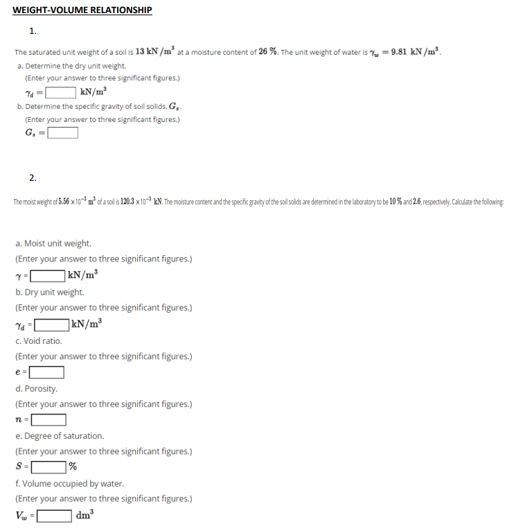 Solved WEIGHT-VOLUME RELATIONSHIP 1. The saturated unit | Chegg.com