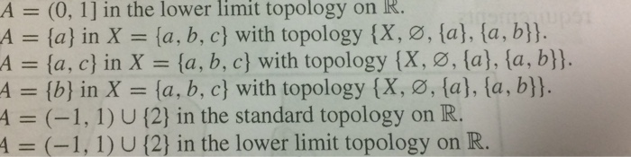 Solved A = (0, 1] in the lower limit topology on R. A = {a} | Chegg.com